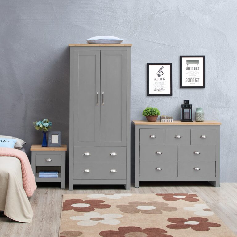 Cisnon Light Grey 3 Piece Set (2 Door Wardrobe, 3+4 Chest, 1 Drw ...