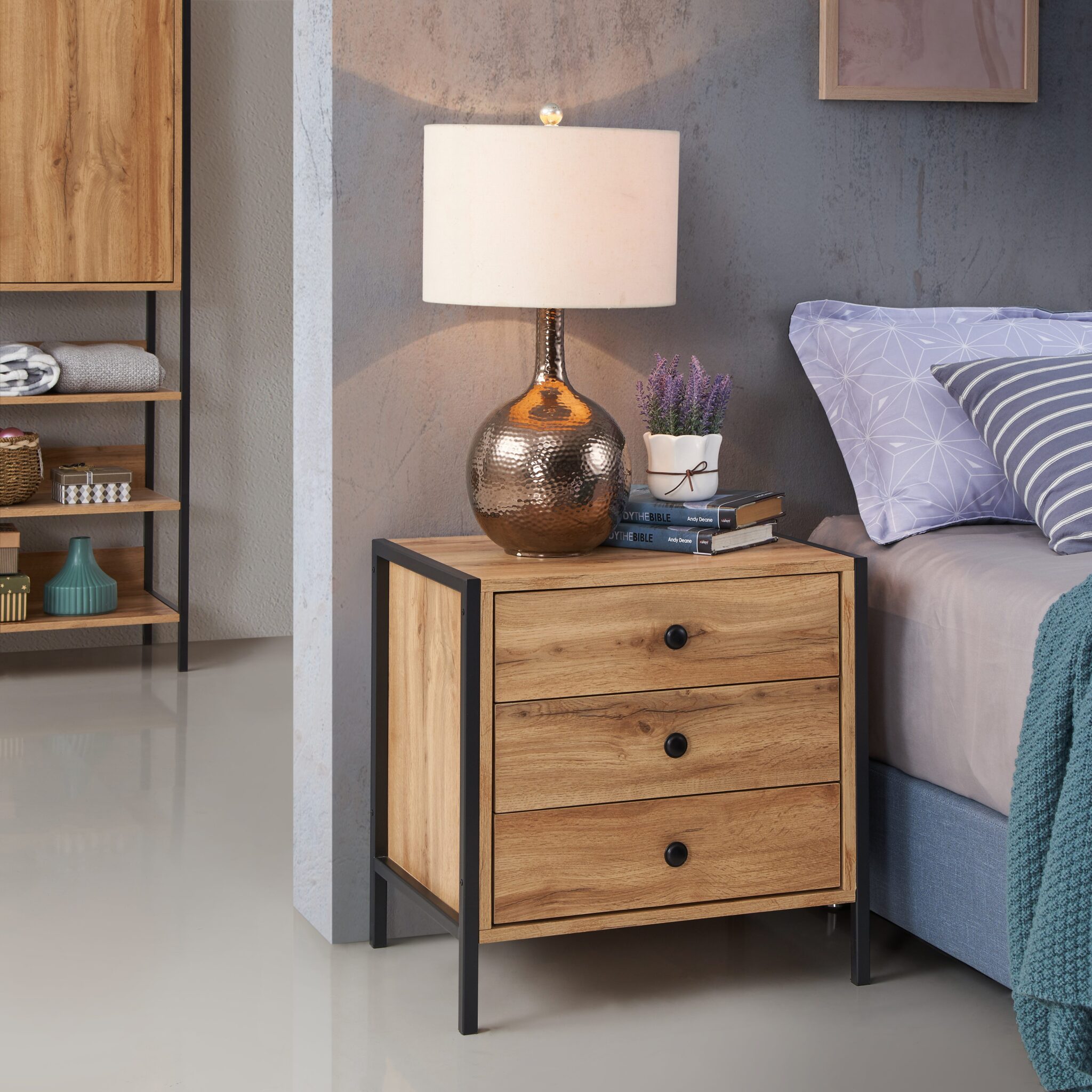 Kahra Nightstand With Three Drawers Wotan Oak.